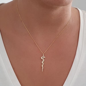 Solid Gold Caduceus Symbol Necklace for Nurse, Caduceus Charm Pendant ...