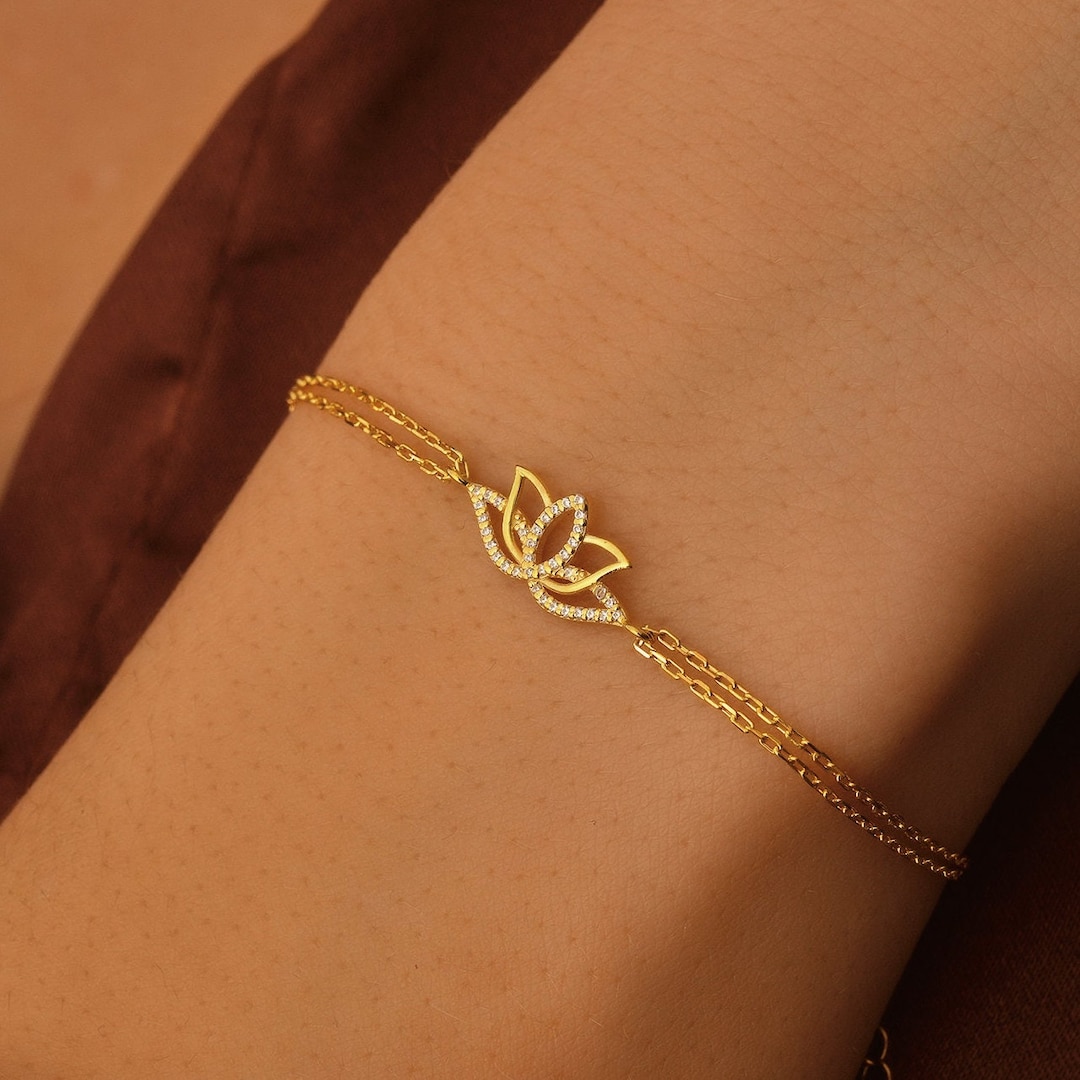 Solid Gold Lotus Flower Bracelet, Dainty Lotus Charm Bracelet for Gift ...