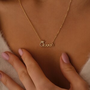 10k 14k 18k Solid Gold Queen Necklace, Dainty Crown Charm Necklace for ...