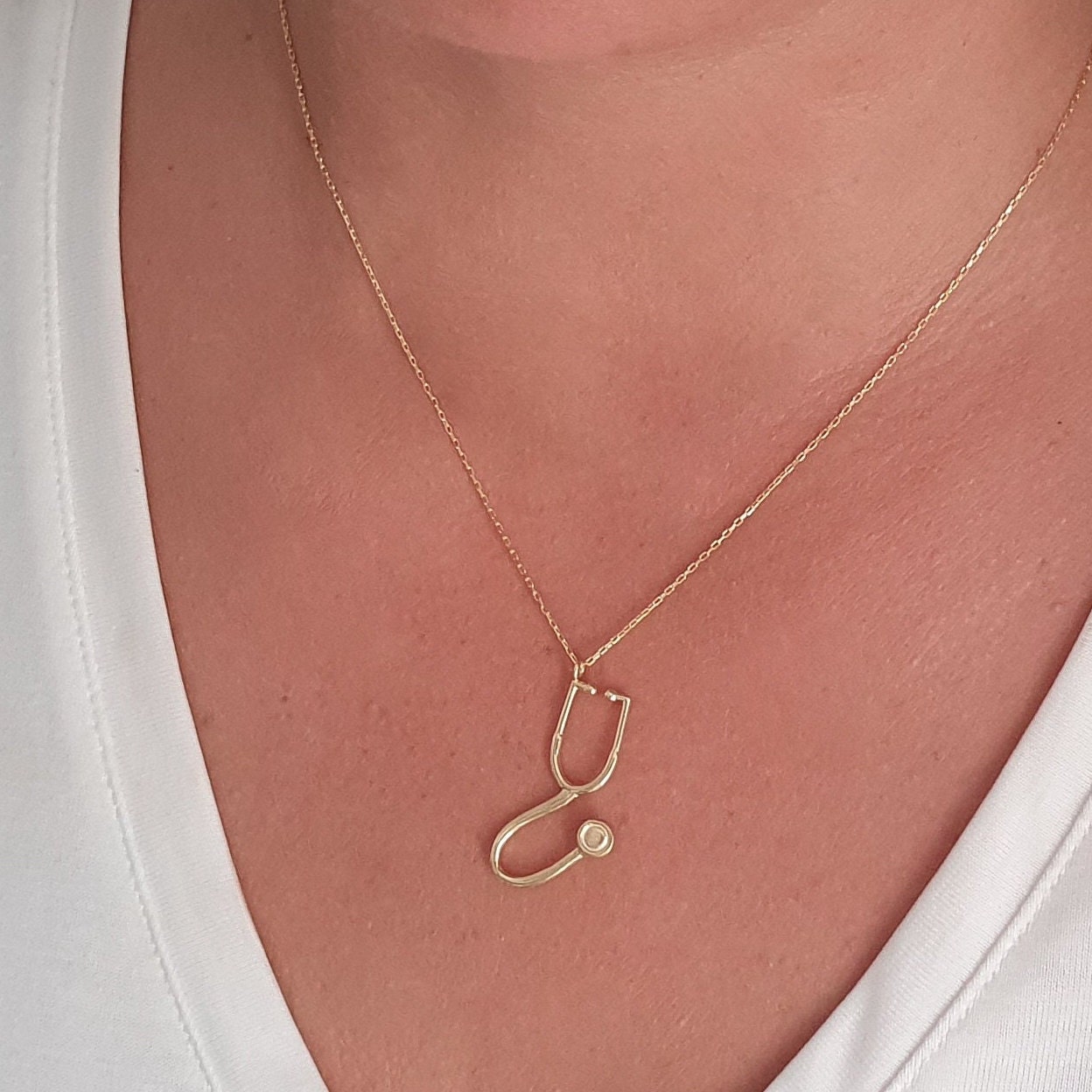 14k Solid Gold Stethoscope Necklace for Her, Medical 18k Real Gold ...