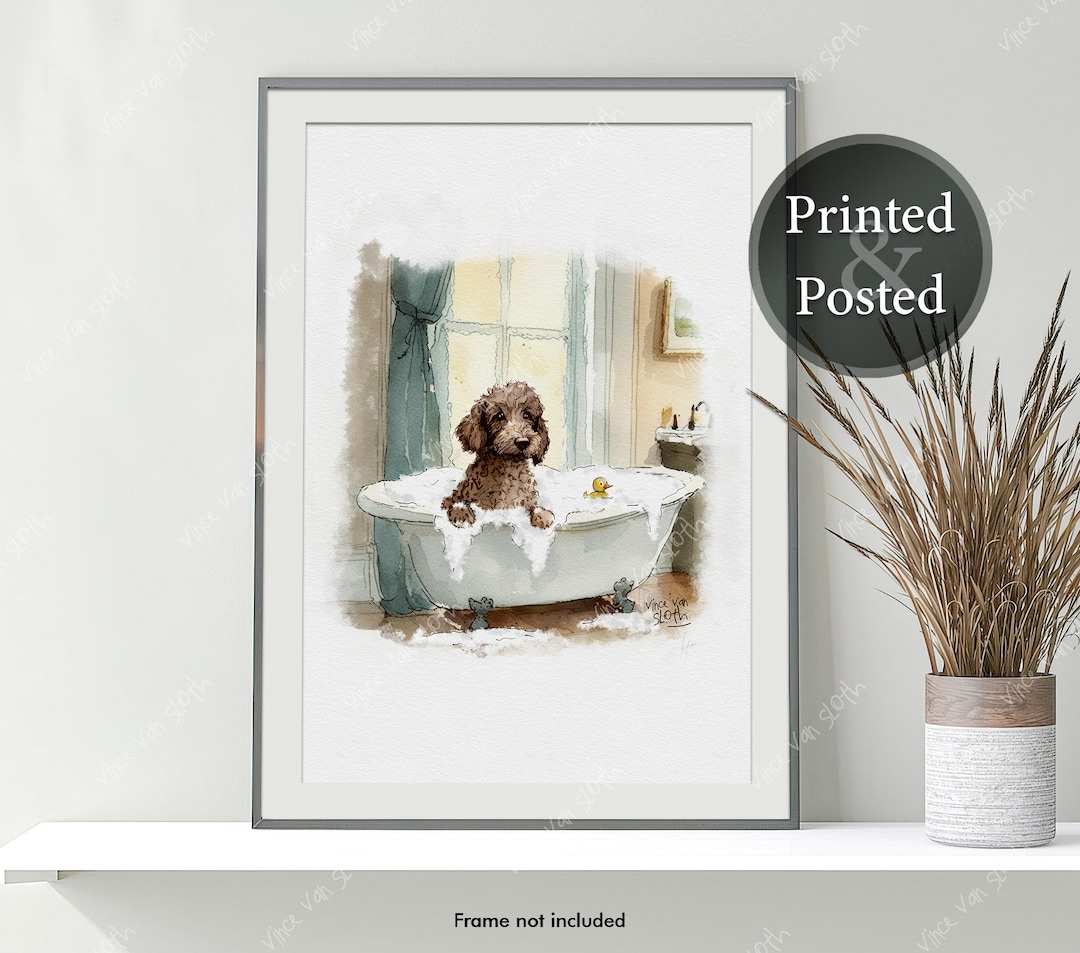 Brown Cockapoo in a Bath With a Duck, Bathroom Art, Sketch Style Wall ...