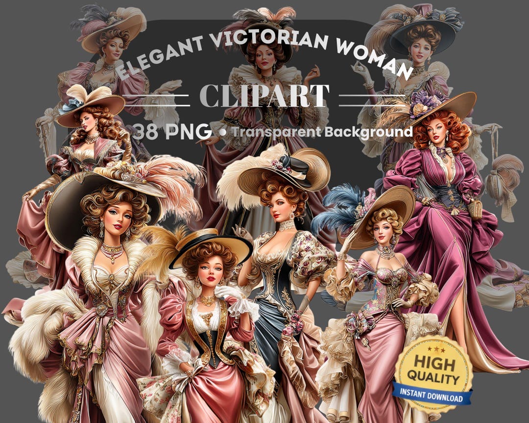 Elegant Victorian Woman Clipart 38 PNG Bundle: Piece Printable Art ...