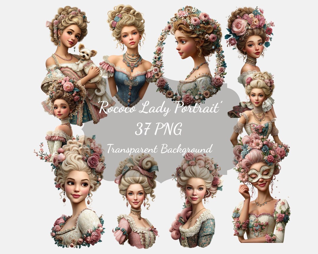 Rococo Lady Portrait Clipart 37 PNG: Piece Printable Art (digital ...
