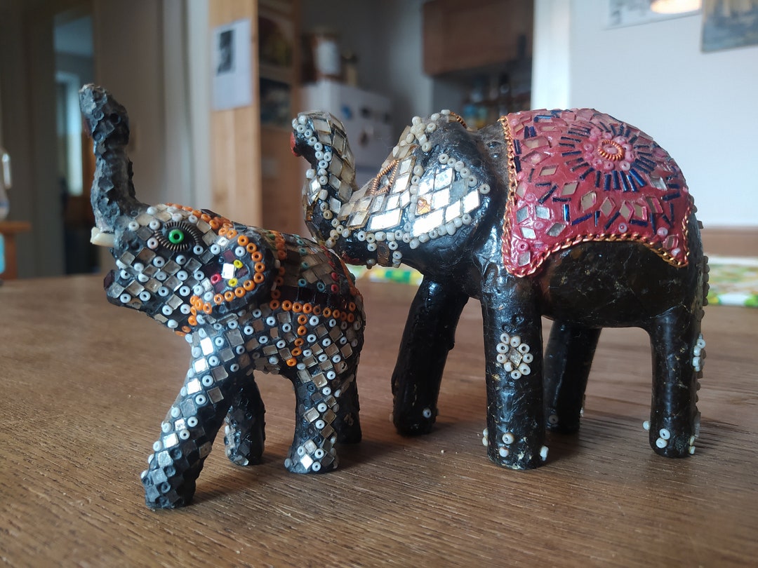 2 Souvenirs Hand-carved Elephants With Mirrors and Beads of South India ...