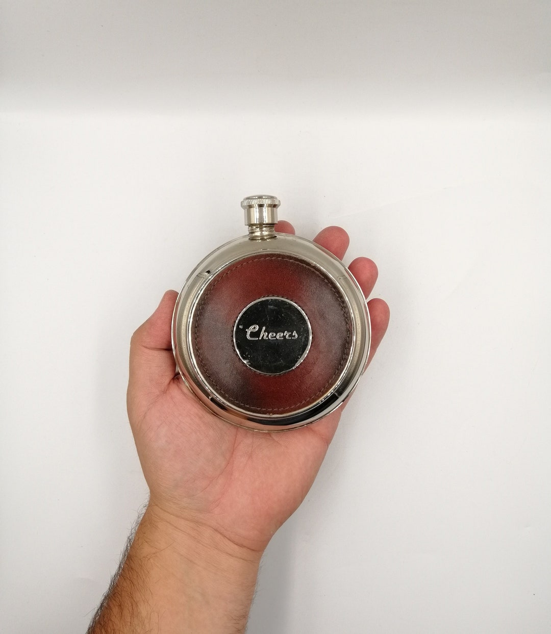 Vintage Pocket Flask, Estimatedly 1980-1990s, Metal and Leather, Brandy ...