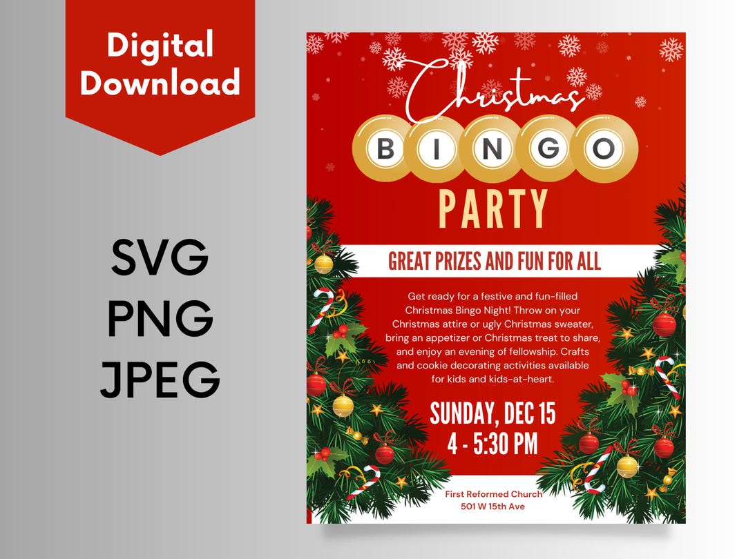 Holiday Christmas Bingo Party Event Poster SVG PNG JPEG Digital ...