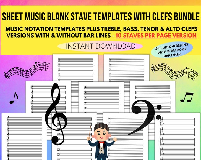 Printable Blank Sheet Music Treble Clef Notation Sheets Staff Stave ...