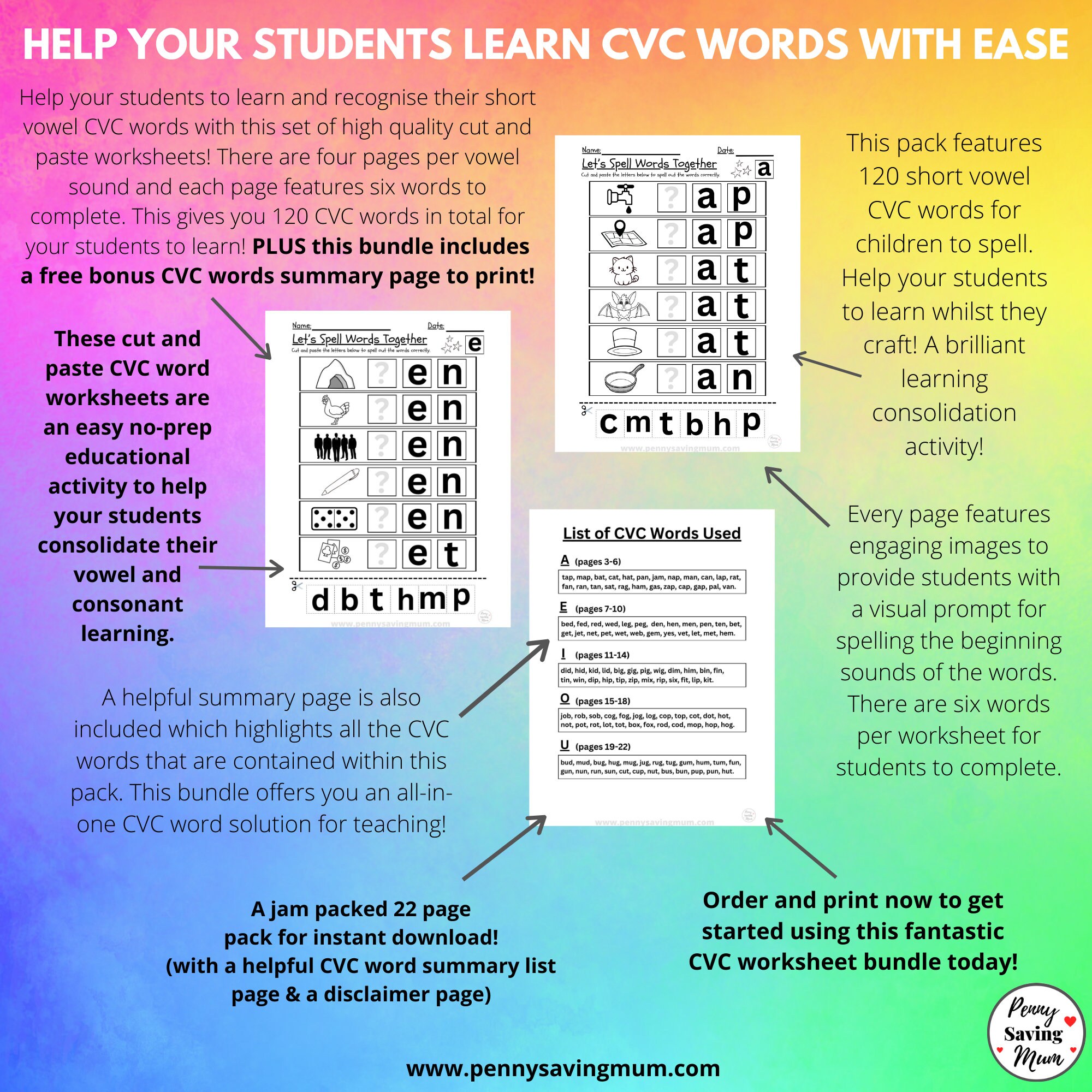 20 No-prep CVC Word, Beginning Sound Worksheets, Vocabulary, Phonics ...