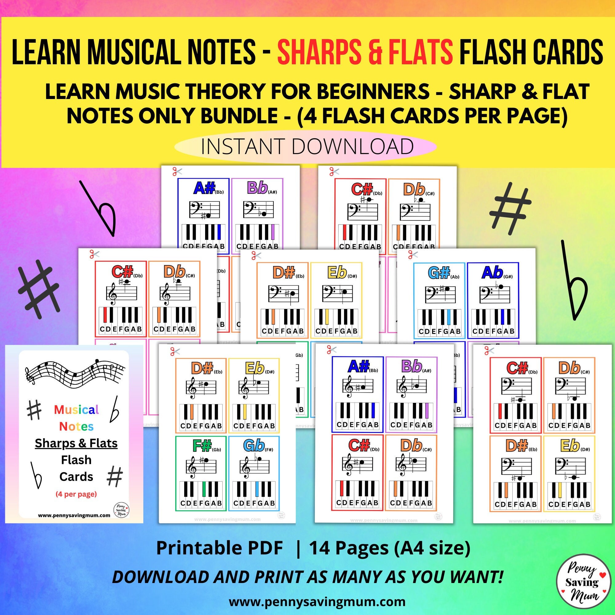 Music Theory, Musical Note Flash Cards, Sharps & Flats, Treble Bass ...