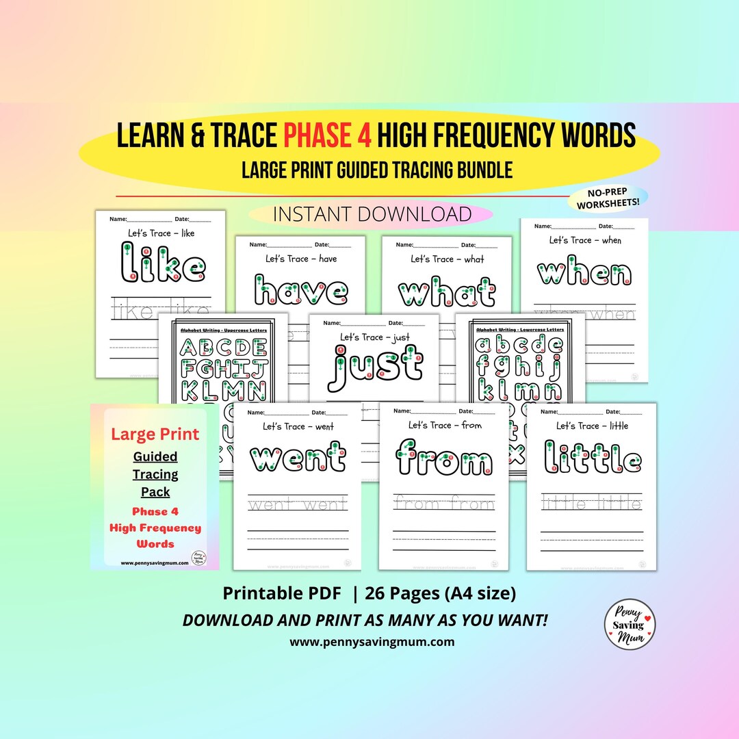 Large Print Phase 4 High Frequency Words, Guided Tracing Activity ...
