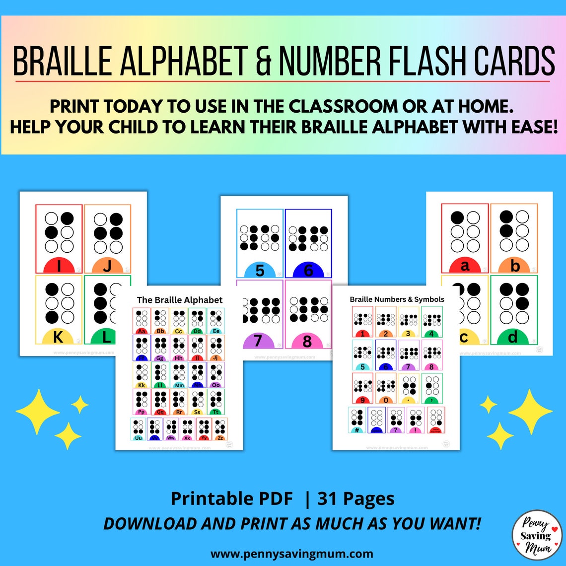 Braille Alphabet Flash Cards, Learn Braille Numbers, Special ...