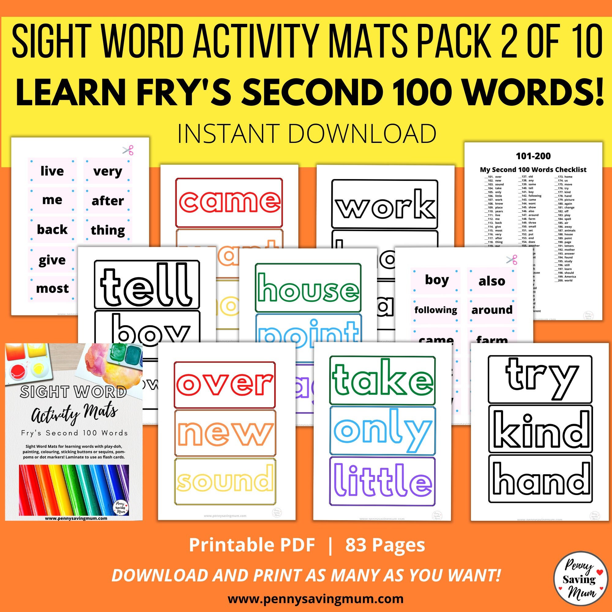 Sight Word Activity Mats Fry's Second 100 Words Printable - Etsy