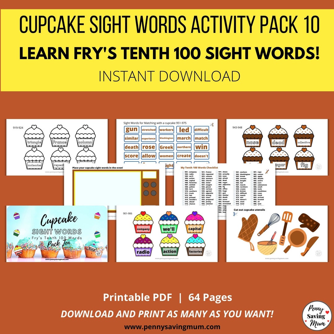 Sight Word Cupcakes Learn Fry's Tenth 100 Words Printable - Etsy