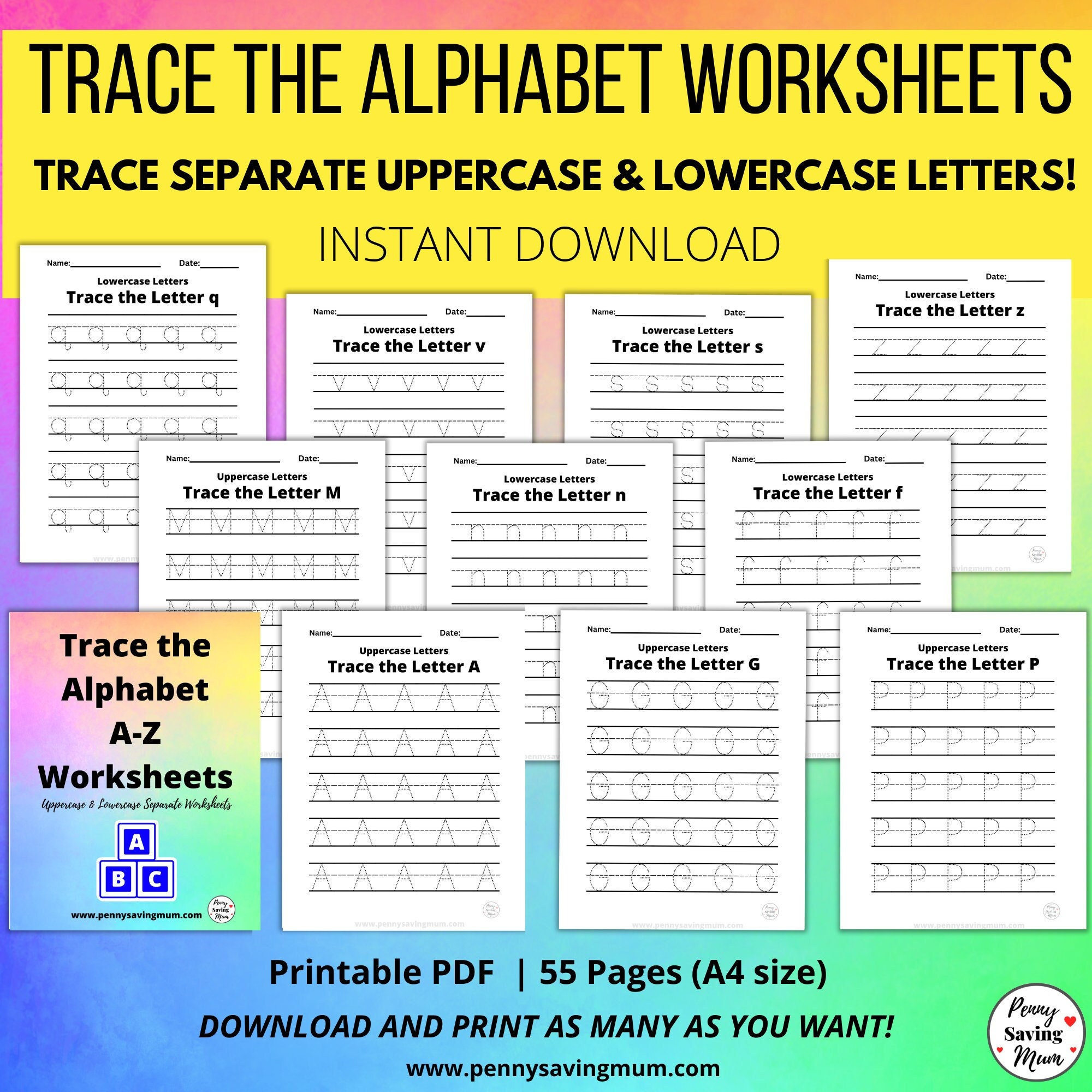 Trace the Alphabet Printable Letter Worksheets, Individual Uppercase ...