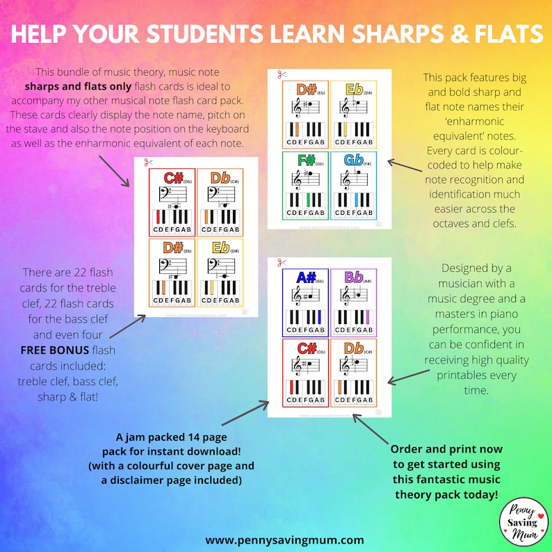 Music Theory, Musical Note Flash Cards, Sharps & Flats, Treble Bass ...