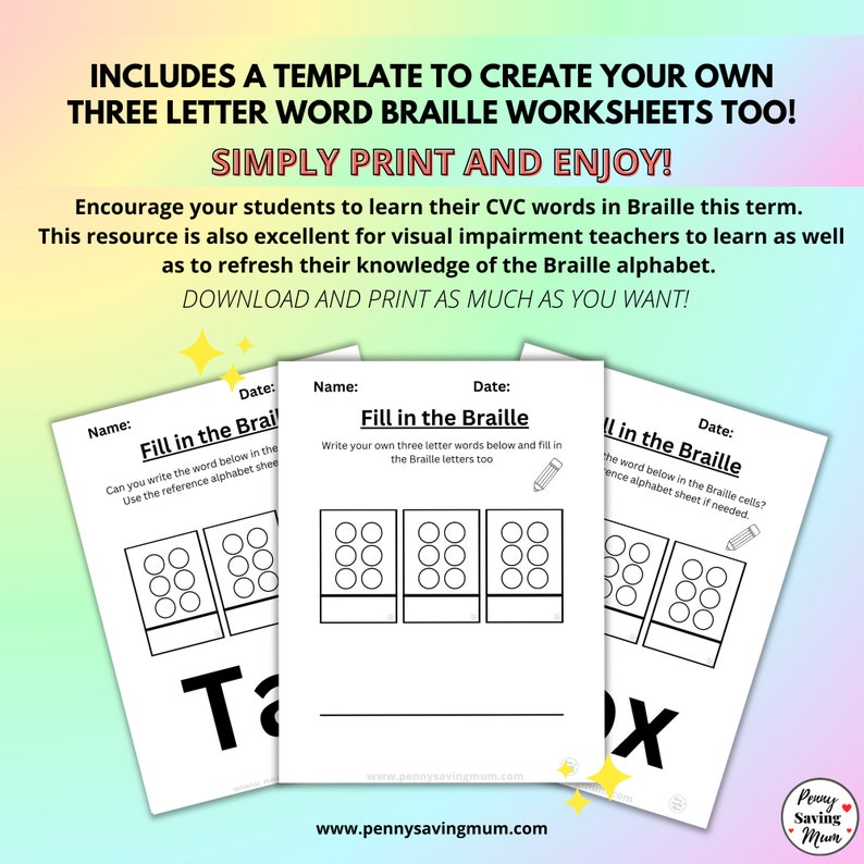 Large Print, Learn Braille, Braille CVC Words, Visual Impairment, Blind ...