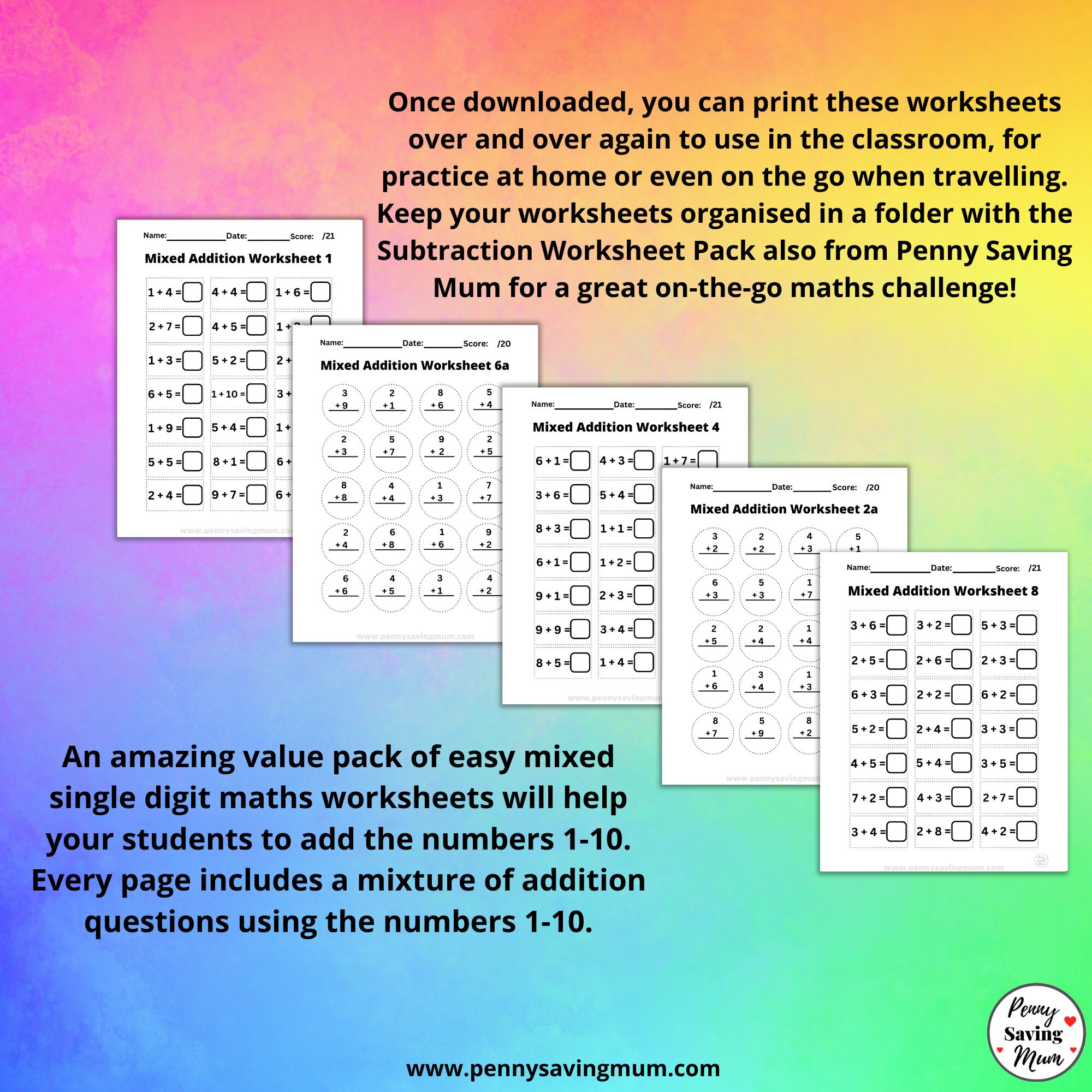 20 Maths Addition Mixed Single Digit Challenge Printable Worksheets ...