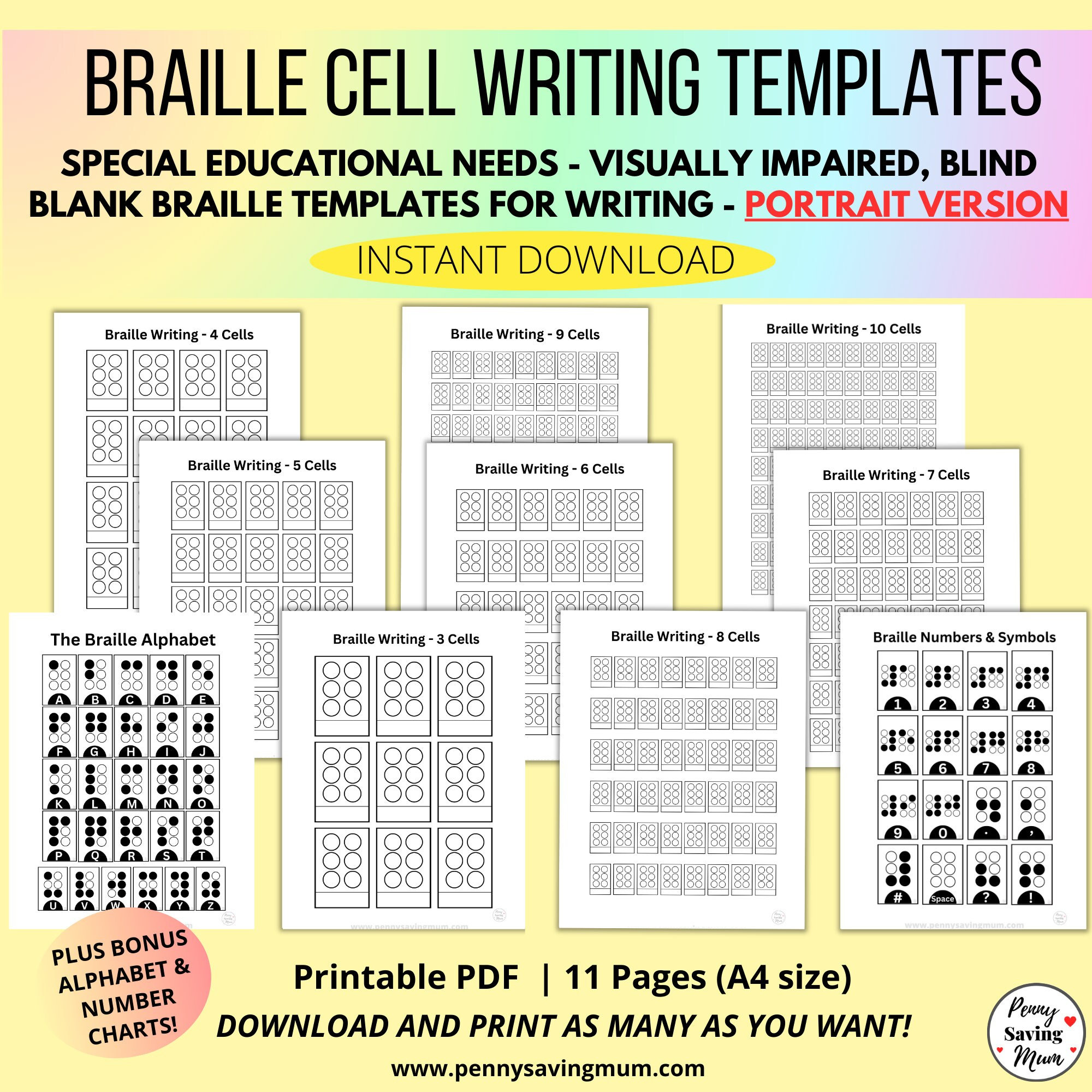 Braille Cell Writing Templates, Learn Braille Alphabet, Numbers ...