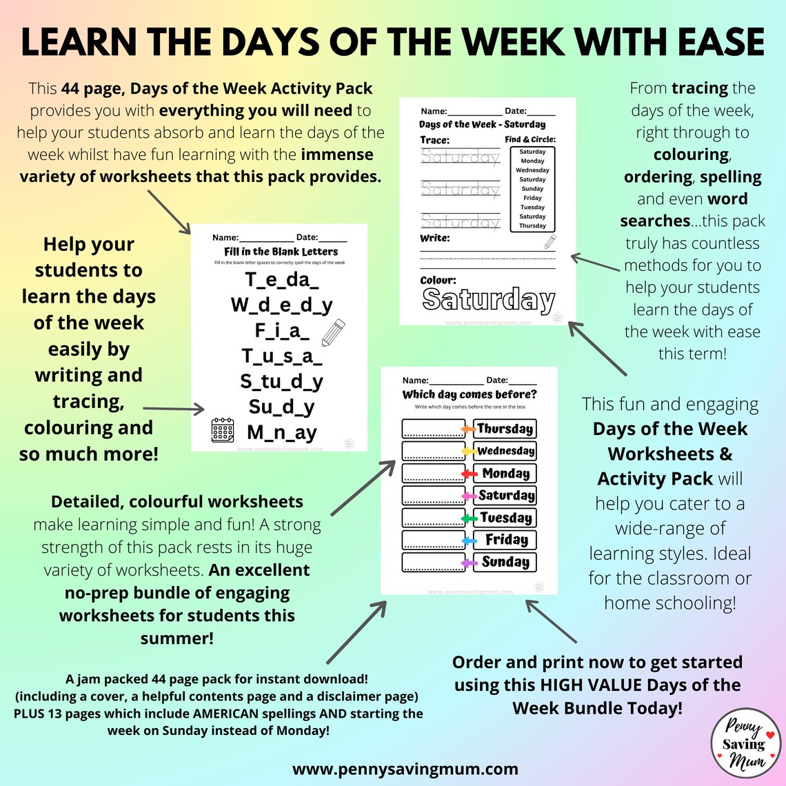 Days of the Week Worksheets, Flash Cards, Word Searches, Colouring, No ...