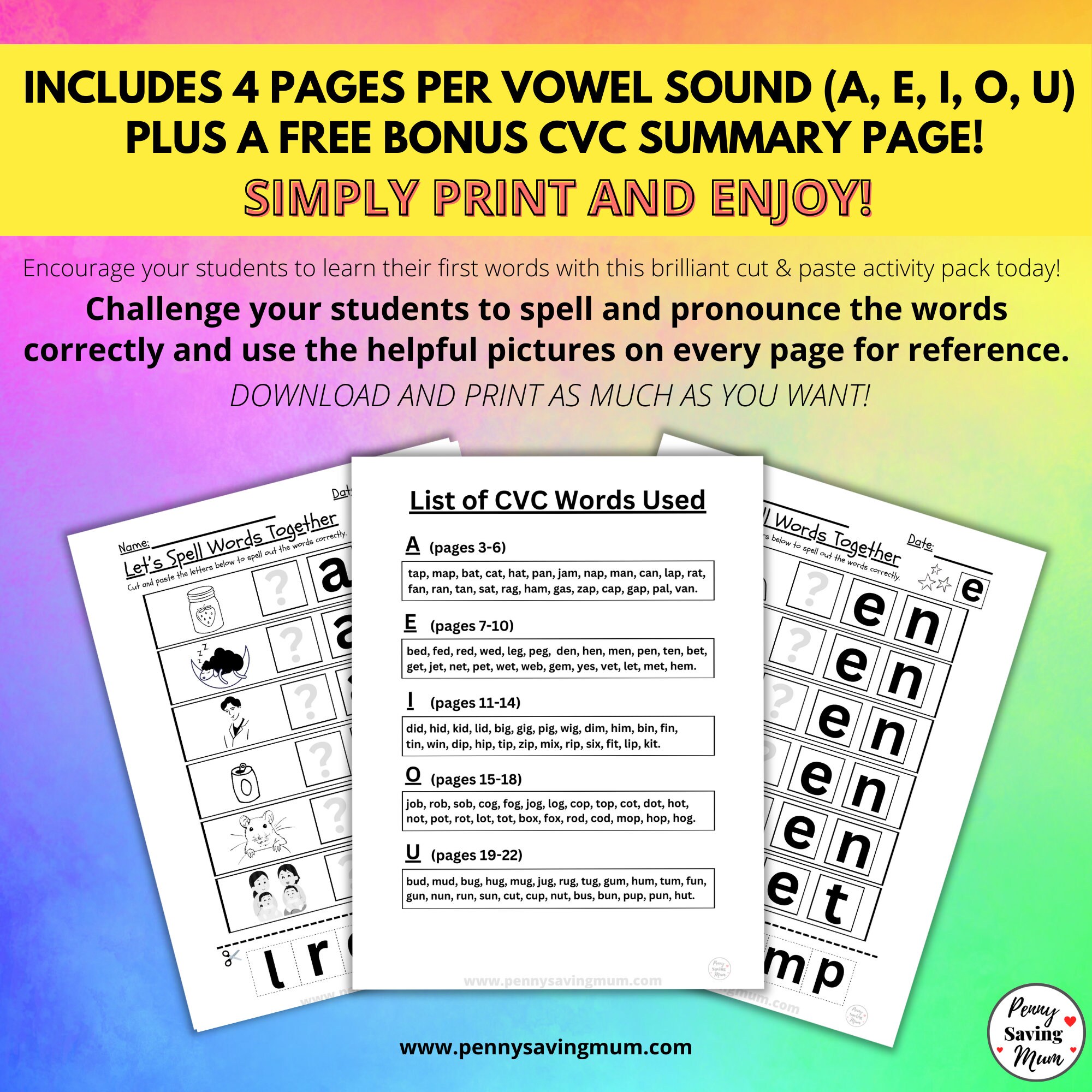 20 No-prep CVC Word, Beginning Sound Worksheets, Vocabulary, Phonics ...