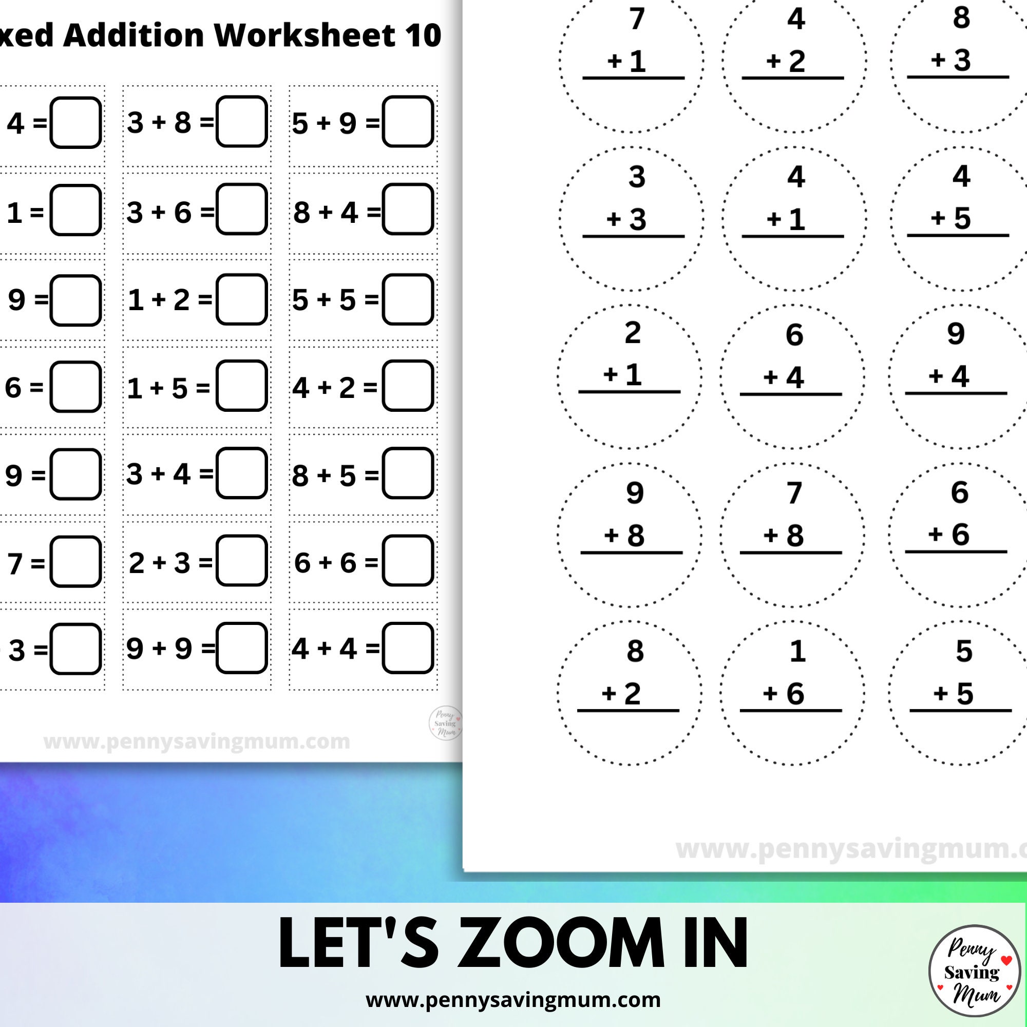 20 Maths Addition Mixed Single Digit Challenge Printable Worksheets ...