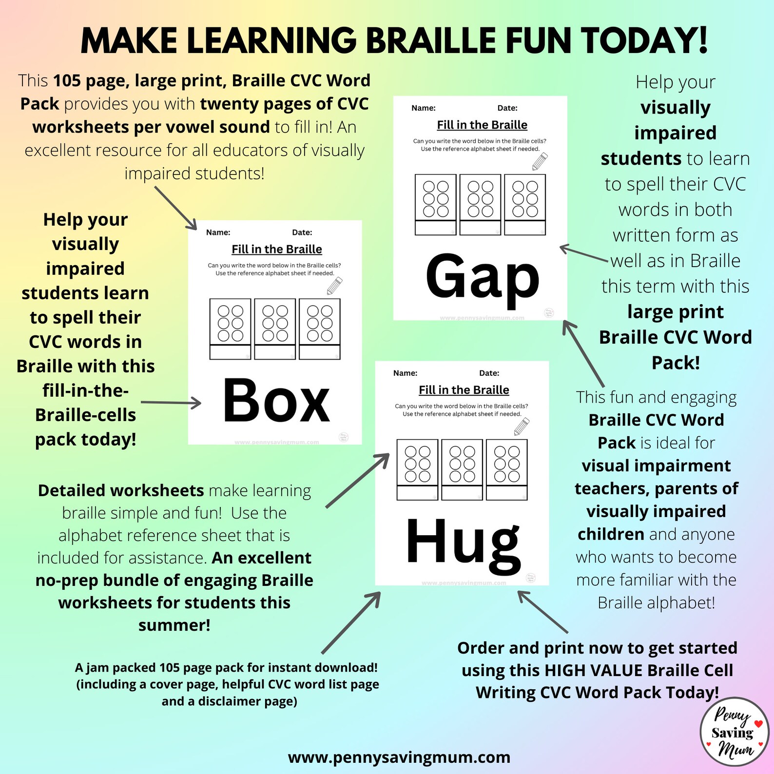 Large Print, Learn Braille, Braille CVC Words, Visual Impairment, Blind ...