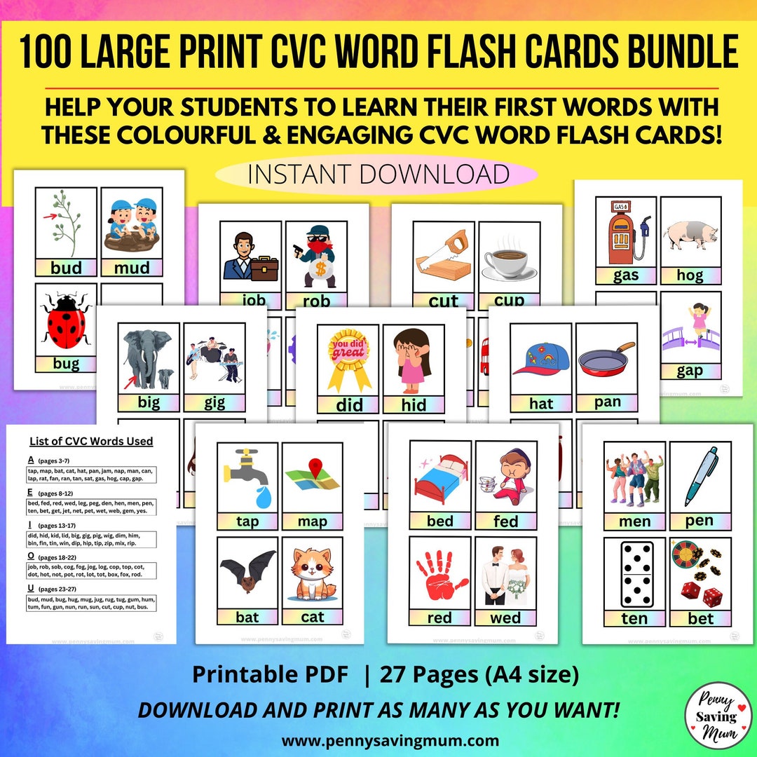 100 Large Print, CVC Word Flash Cards, Vowel Words, Preschool, Learn ...