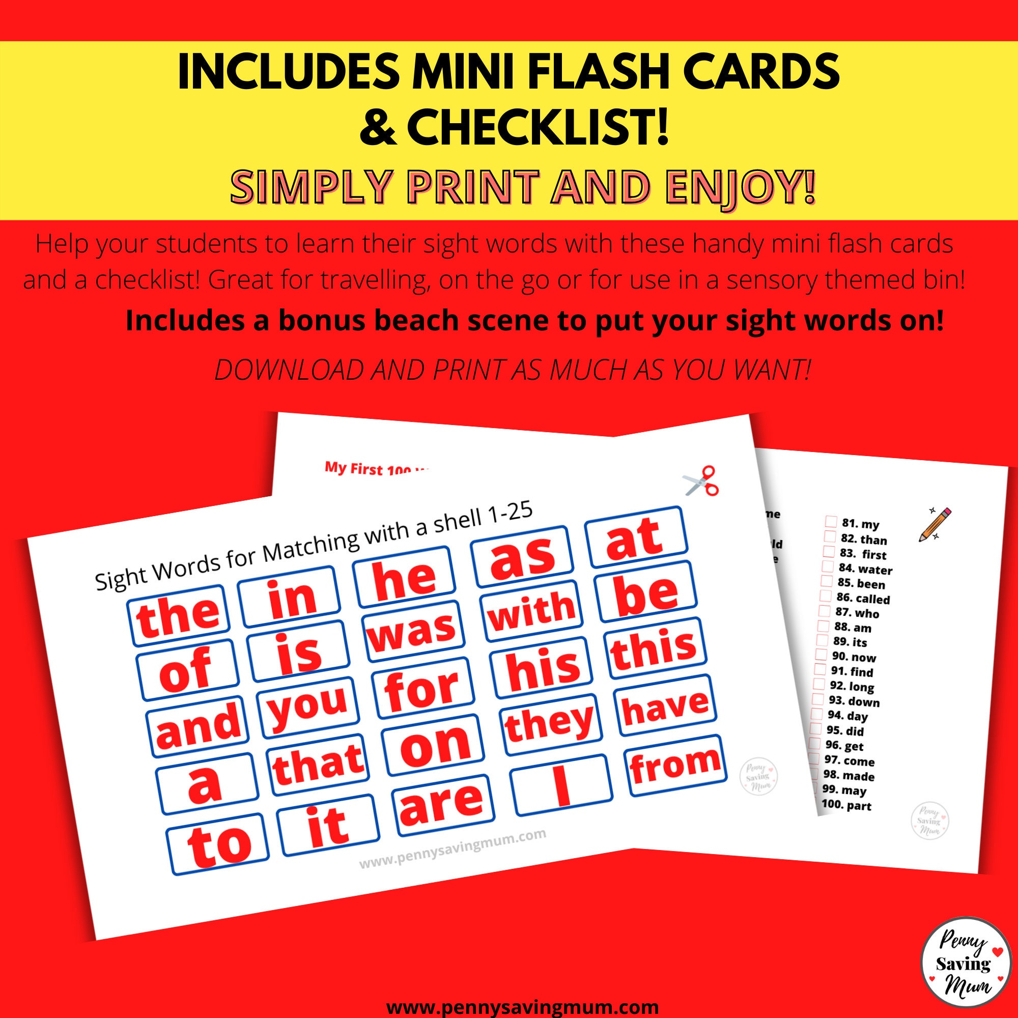 Sight Word Shells Fry's First 100 Words Printable - Etsy