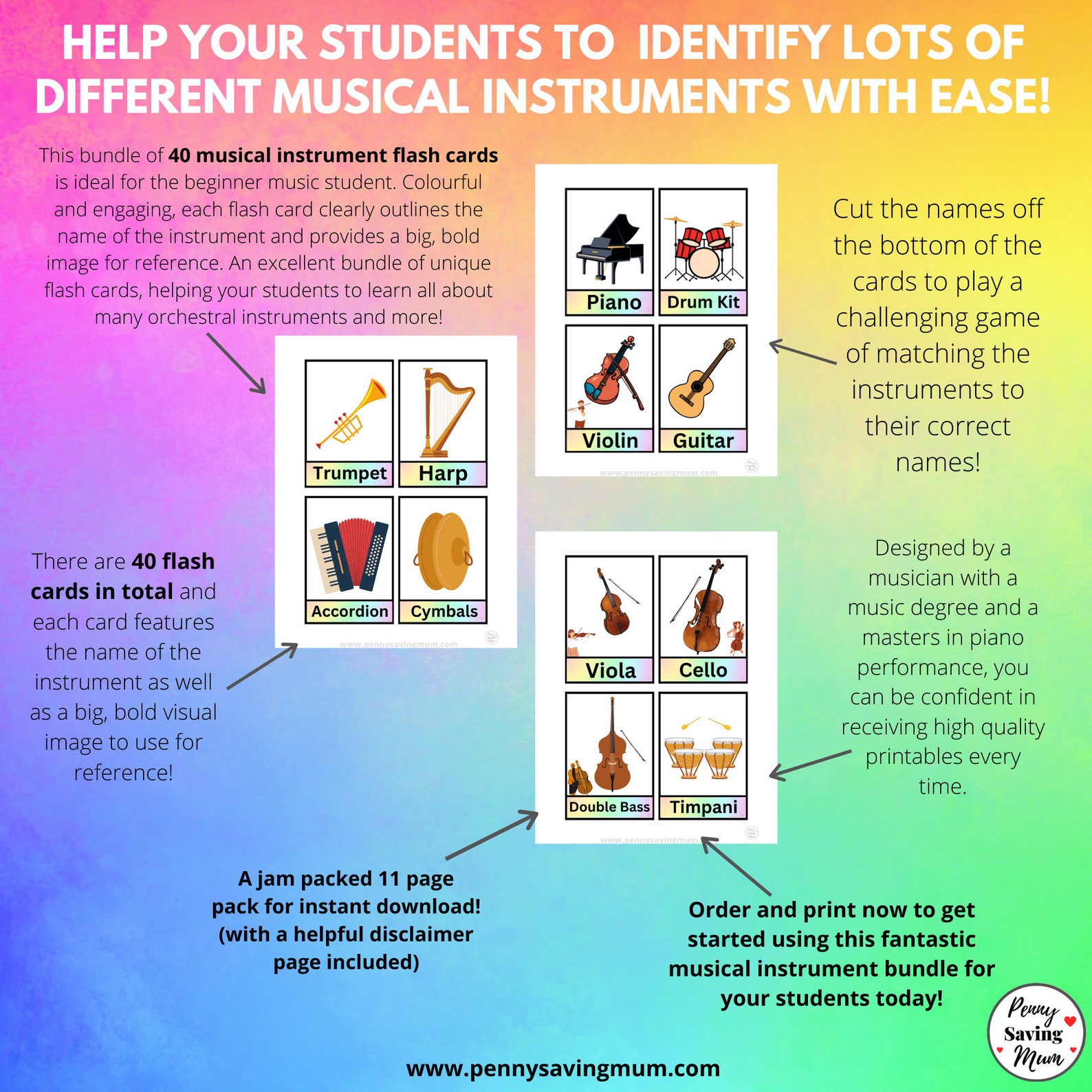 Musical Instruments Flashcards, 40 Music Flash Cards, Music Education ...