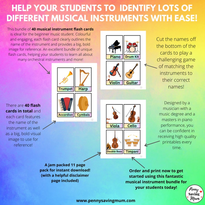 Musical Instruments Flashcards, 40 Music Flash Cards, Music Education ...