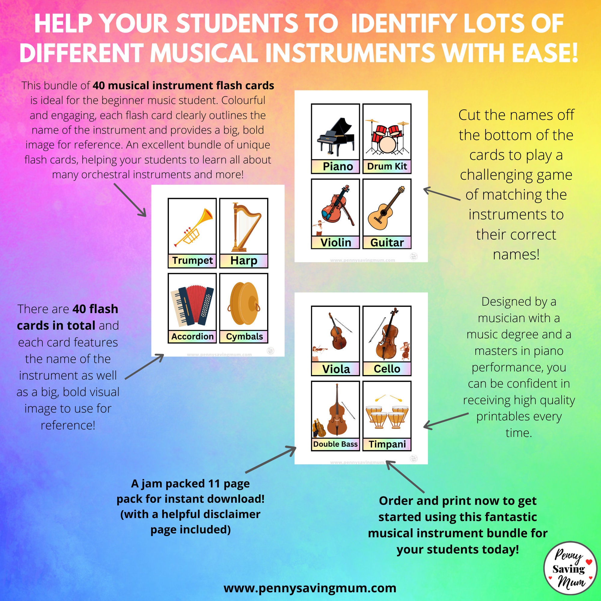 Musical Instruments Flashcards, 40 Music Flash Cards, Music Education ...