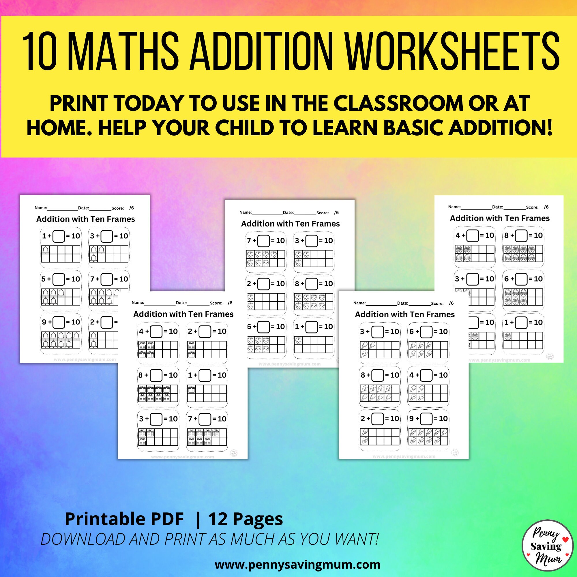 10 Maths Addition Year One First Grade Maths Worksheets With Ten Frames ...