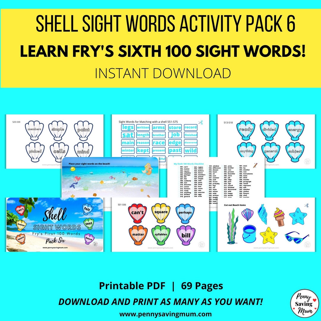 Sight Word Shells Fry's Sixth 100 Words Printable - Etsy