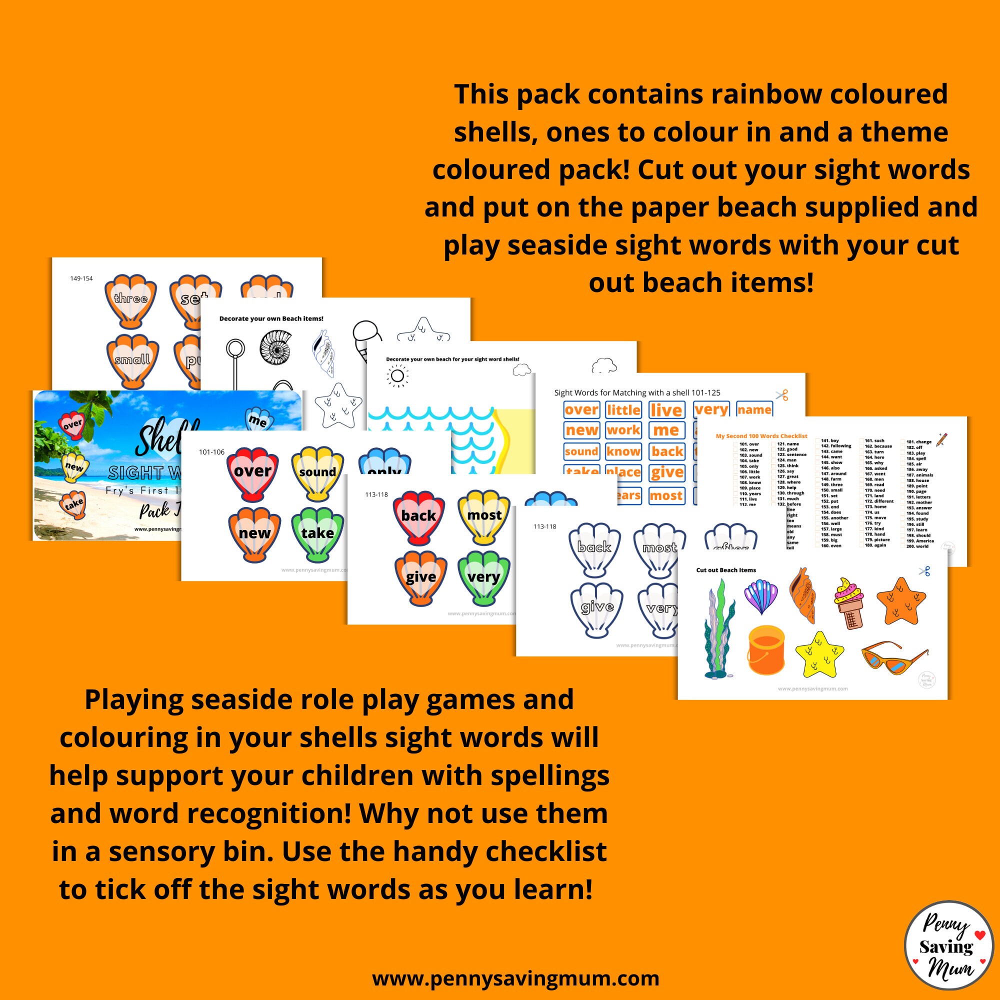 Sight Word Shells Fry's Second 100 Words Printable - Etsy