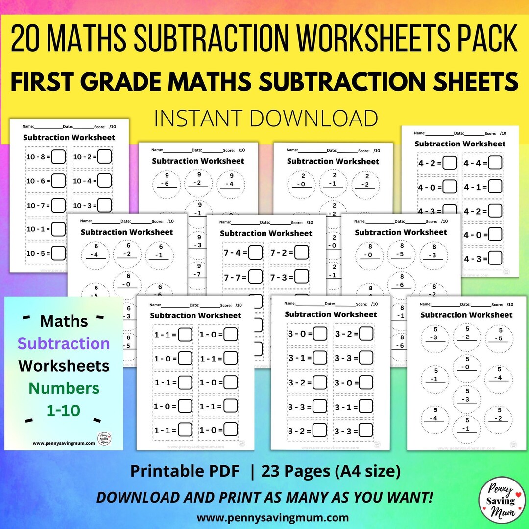 20 Maths Subtraction Worksheets for Year One First Grade Maths Numbers ...