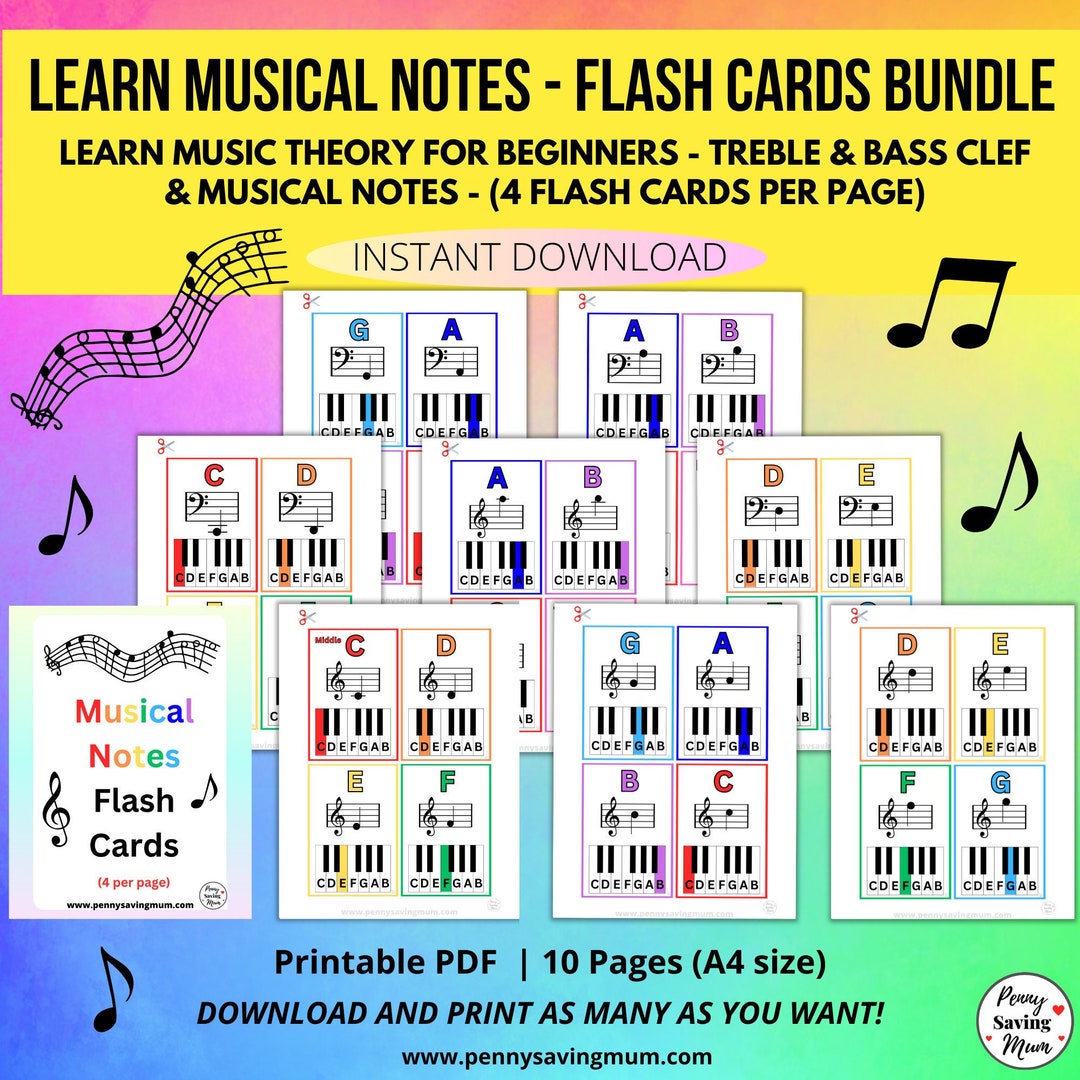 Music Theory, Musical Note Flash Cards, Treble Bass Clef, Learn Piano ...
