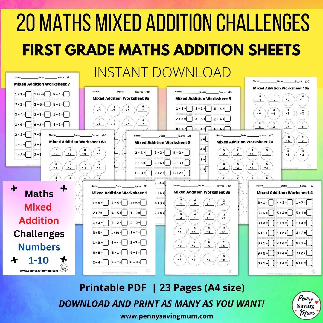 20 Maths Addition Mixed Single Digit Challenge Printable Worksheets ...