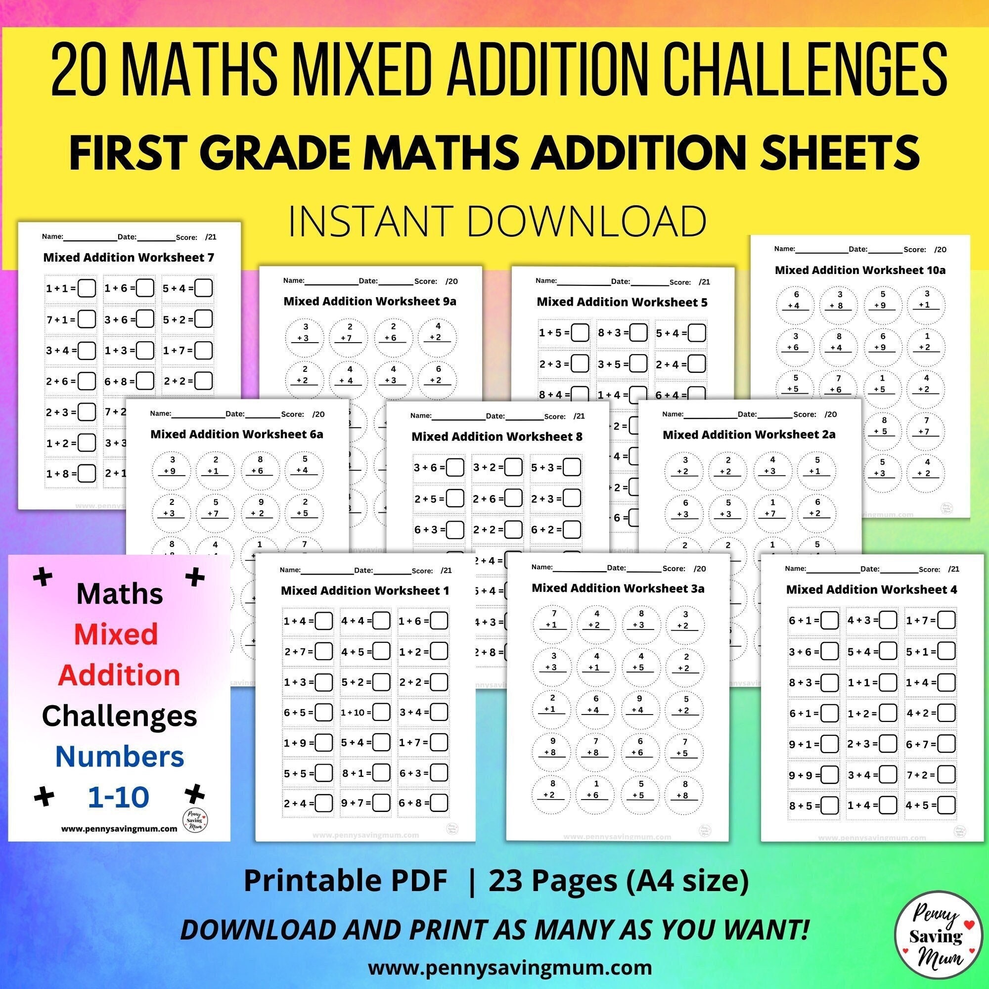 20 Maths Addition Mixed Single Digit Challenge Printable Worksheets ...