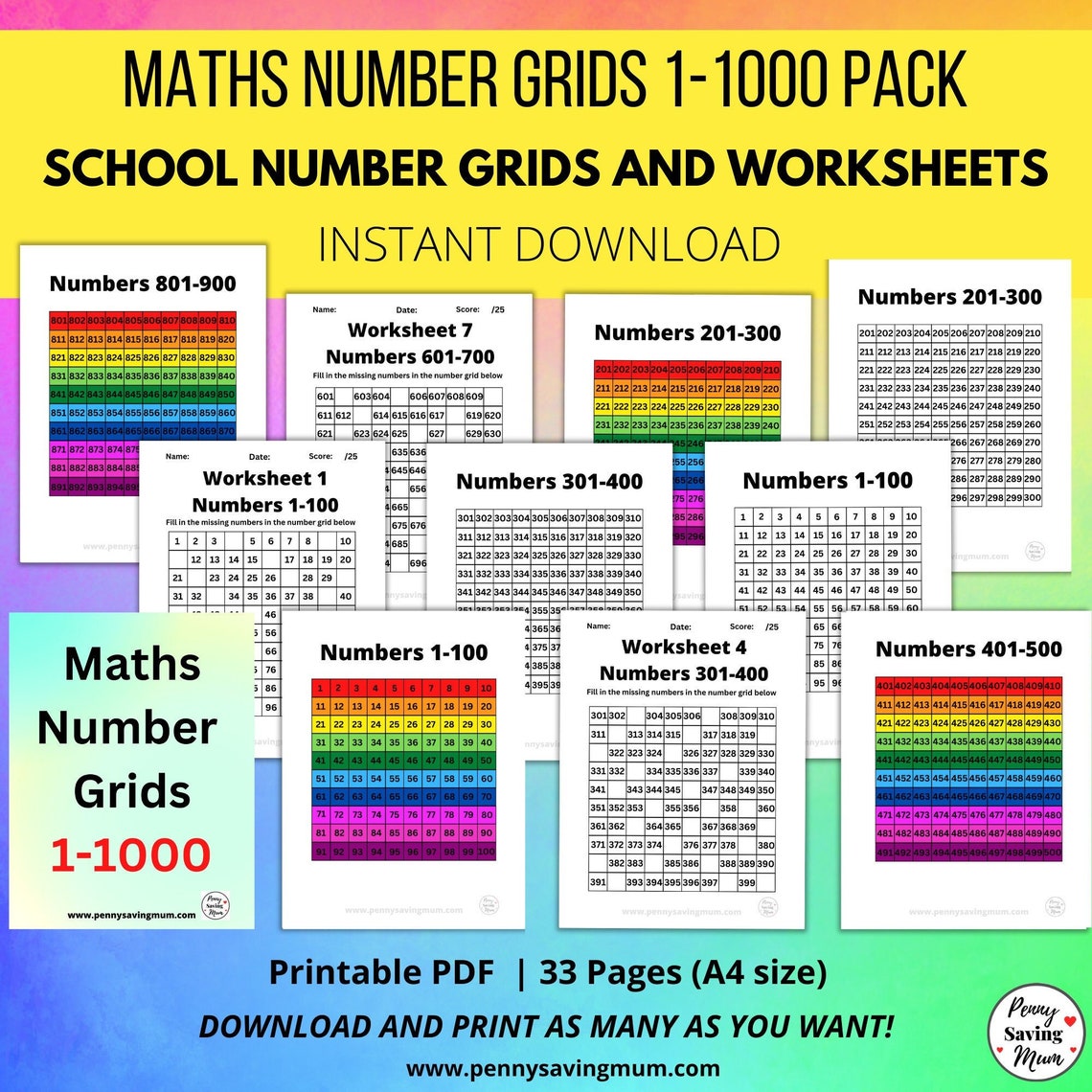 Maths Number Grids 1-1000 Plus Bonus Number Counting Worksheets - Etsy Canada