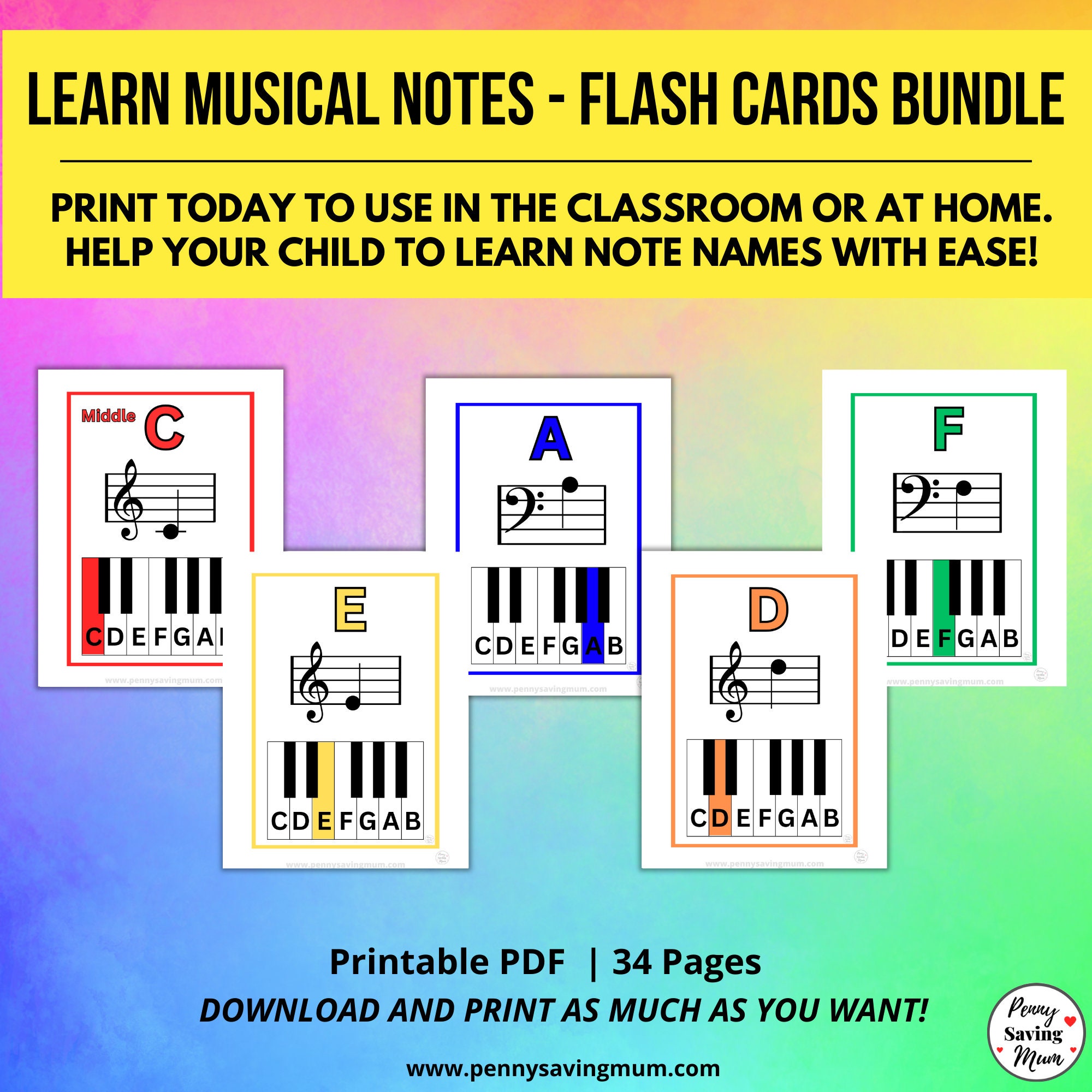 Music Theory, Musical Note Flash Cards, Treble Bass Clef, Learn Piano ...