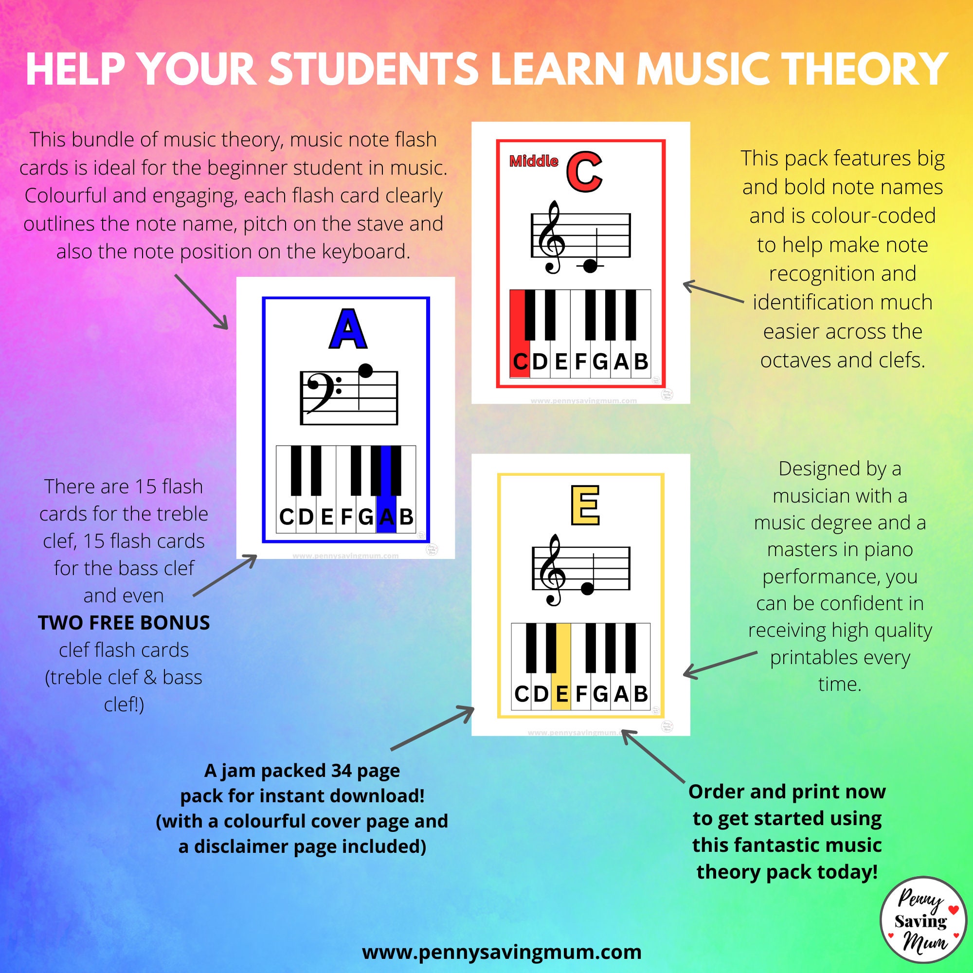 Music Theory, Musical Note Flash Cards, Treble Bass Clef, Learn Piano ...