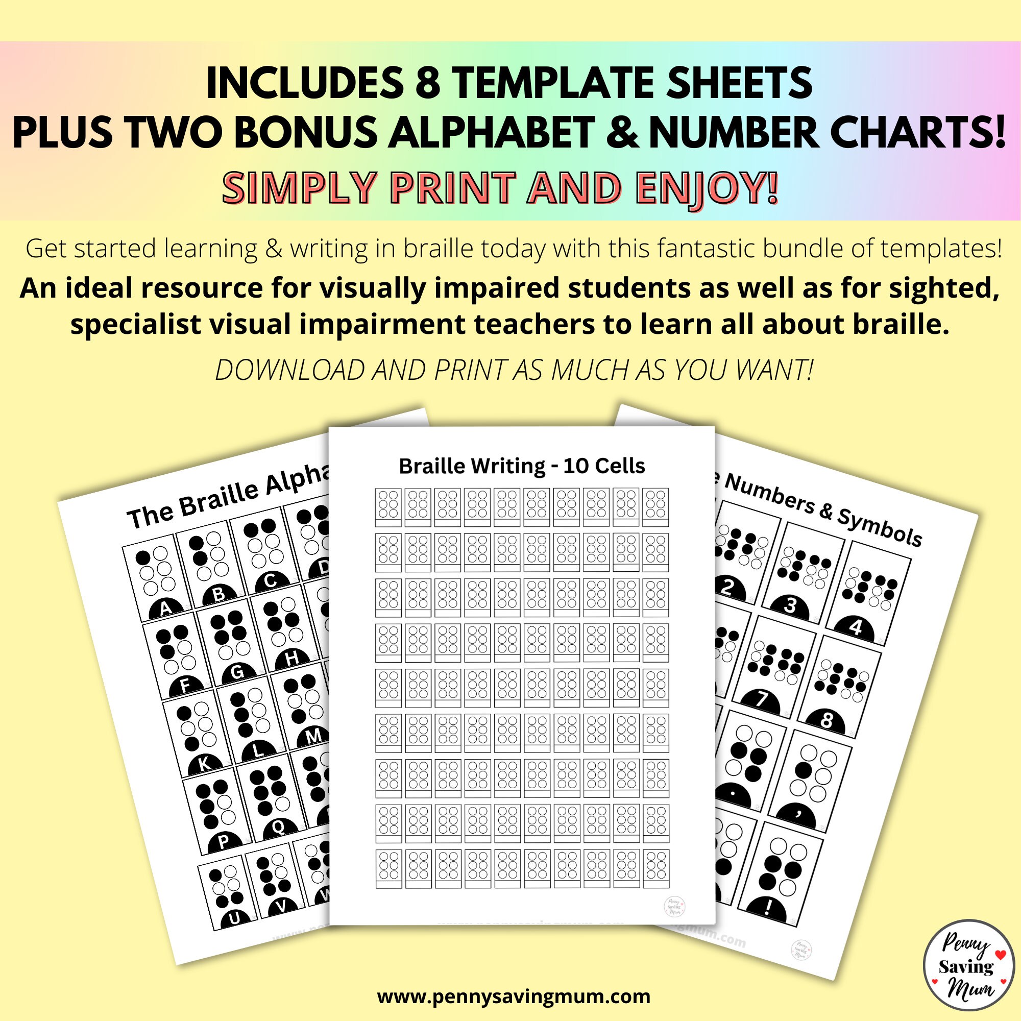 Braille Cell Writing Templates, Learn Braille Alphabet, Numbers ...