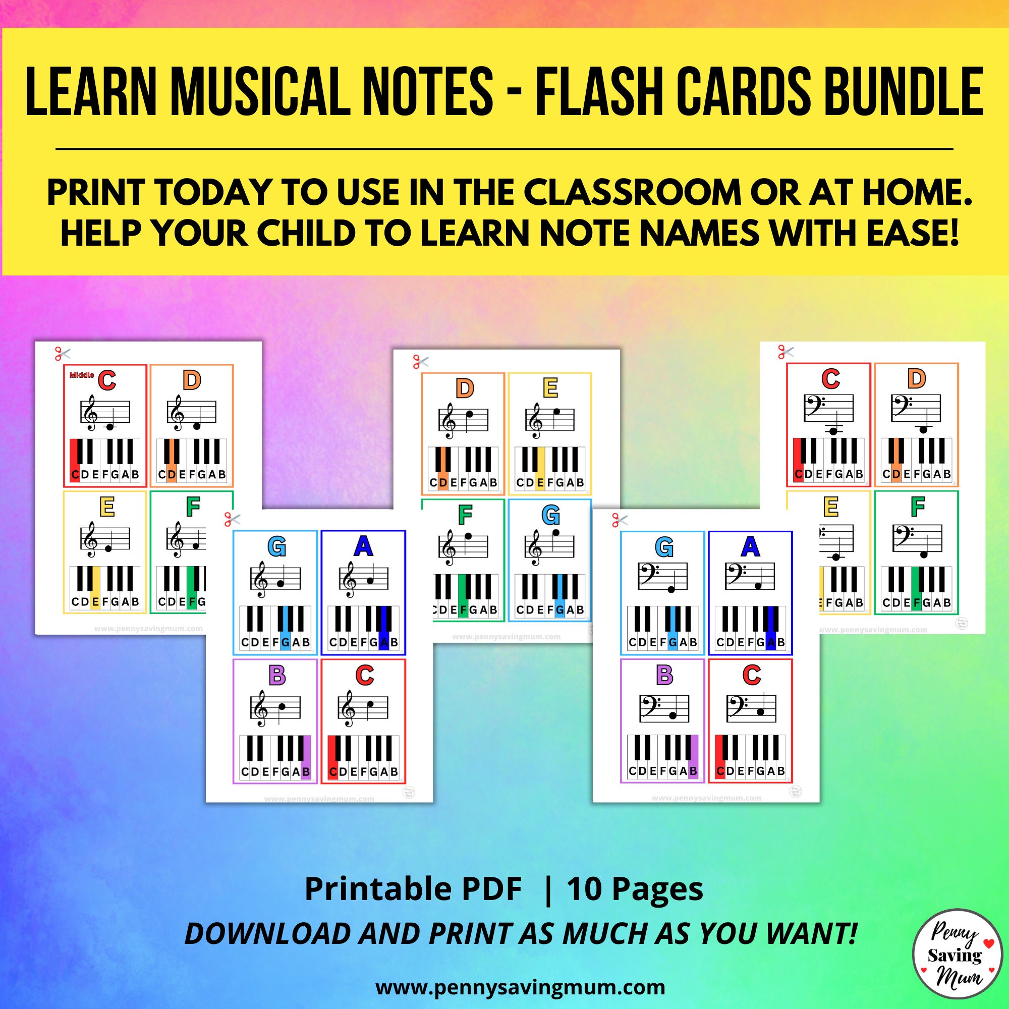 Music Theory, Musical Note Flash Cards, Treble Bass Clef, Learn Piano ...