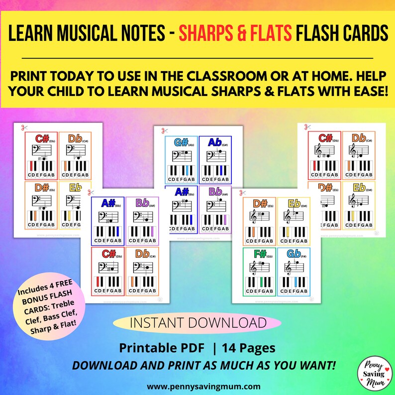 Music Theory, Musical Note Flash Cards, Sharps & Flats, Treble Bass ...