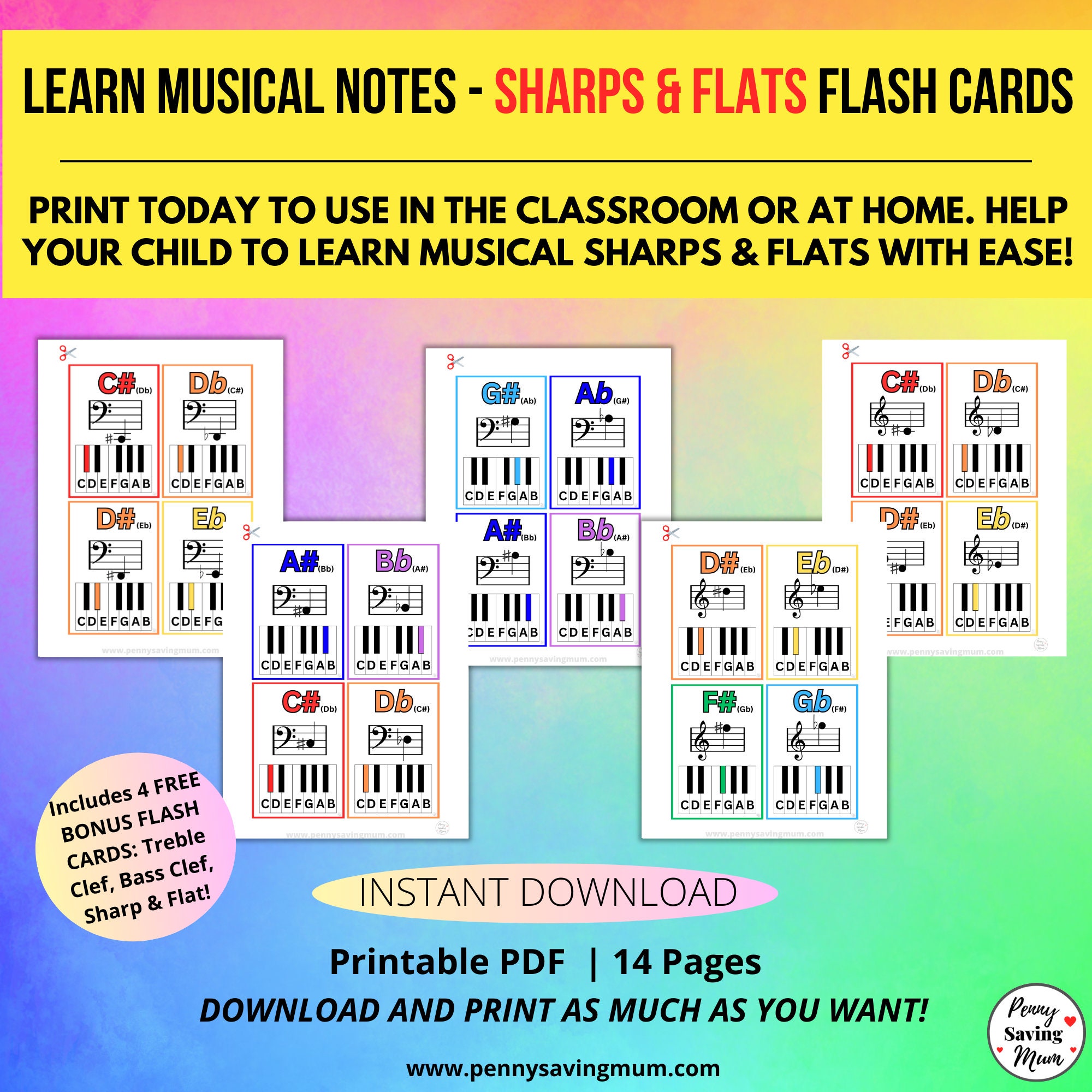 Music Theory, Musical Note Flash Cards, Sharps & Flats, Treble Bass ...