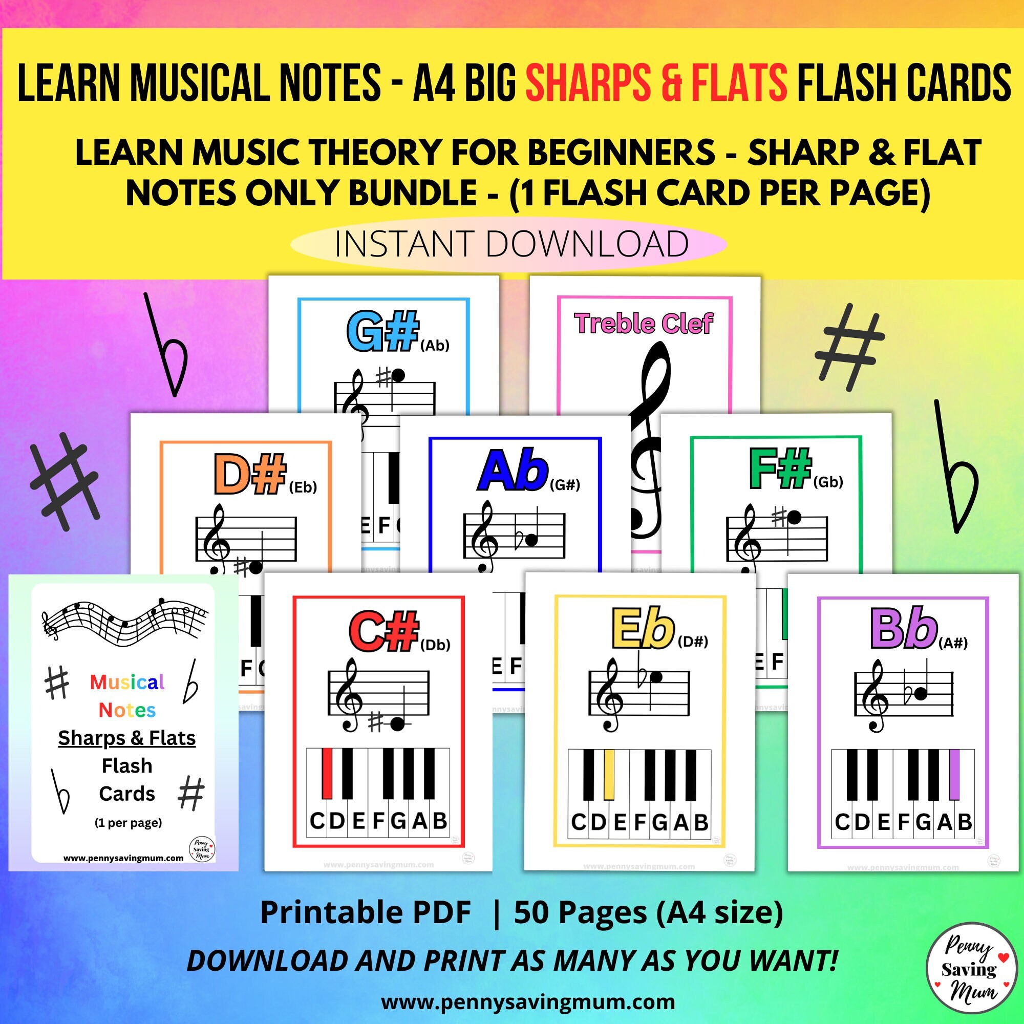 Music Theory, Musical Note Flash Cards, Sharps & Flats, Treble Bass ...