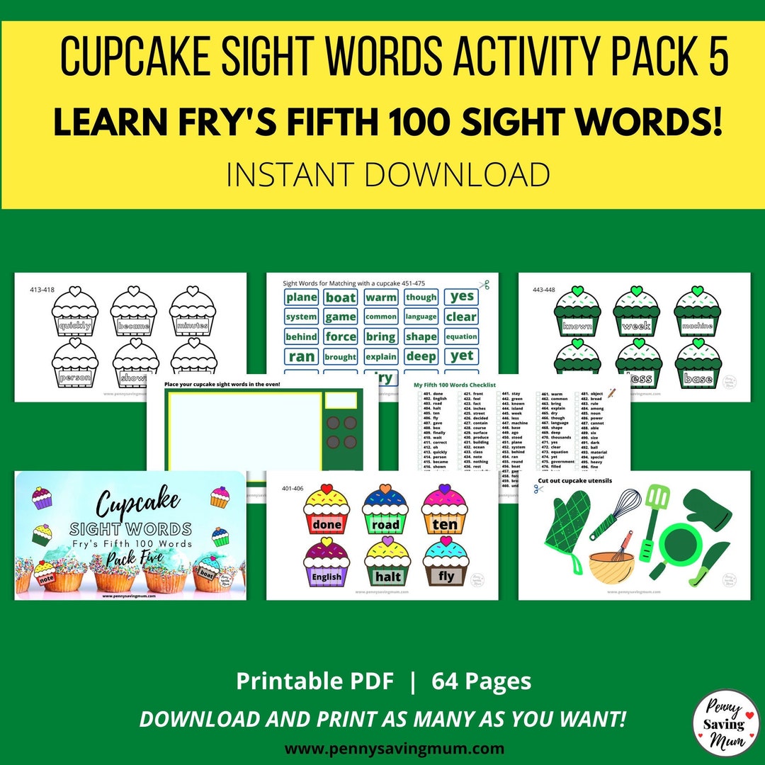 Sight Word Cupcakes Learn Fry's Fifth 100 Words Printable - Etsy