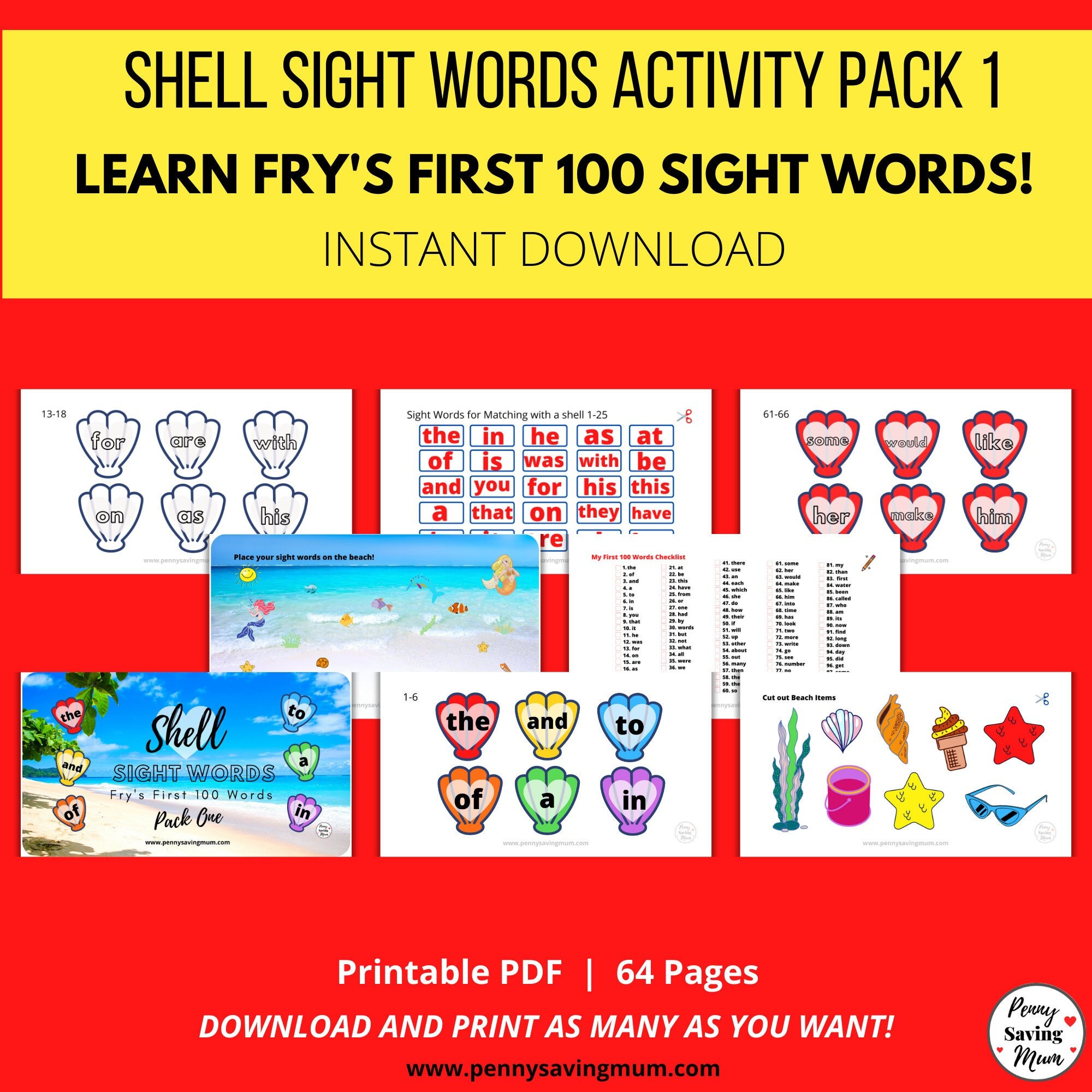 Sight Word Shells Fry's First 100 Words Printable - Etsy