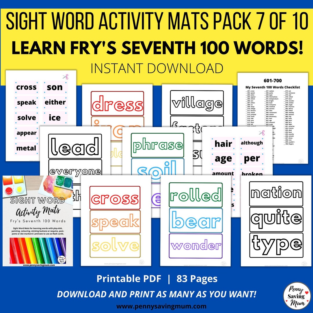 Sight Word Activity Mats Fry's Seventh 100 Words Printable - Etsy