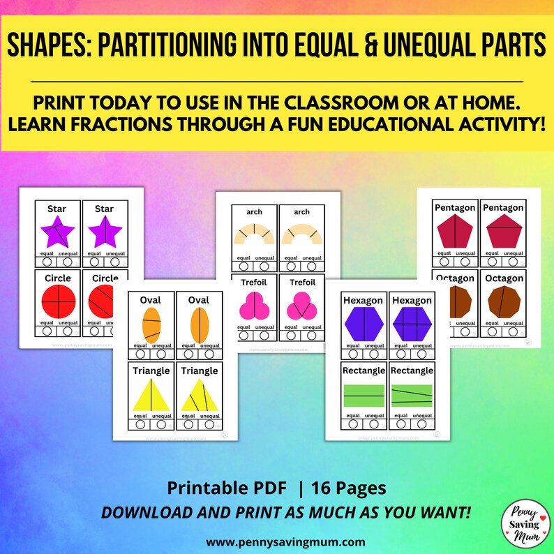 Partition Shapes Into Equal & Unequal Parts, Geometry, Shapes Worksheet ...